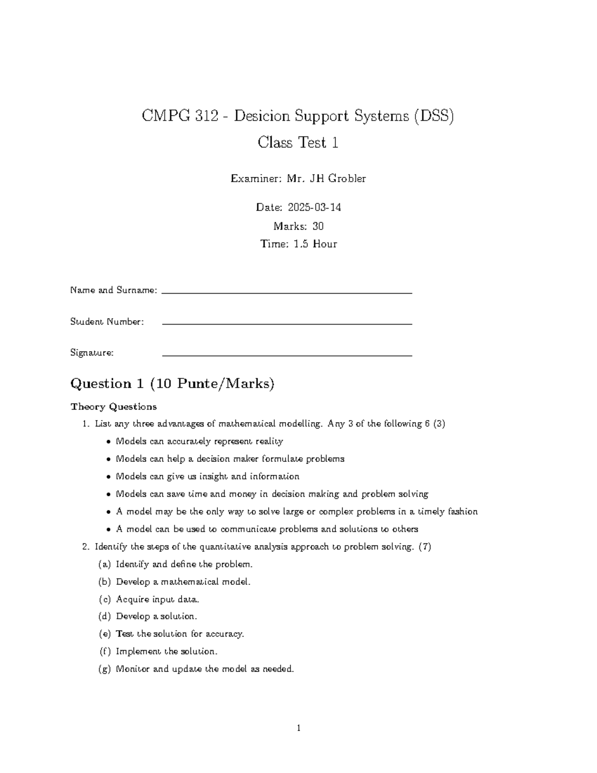 CMPG 312 Class Test 1 Memo - Decision Support Systems - Studocu