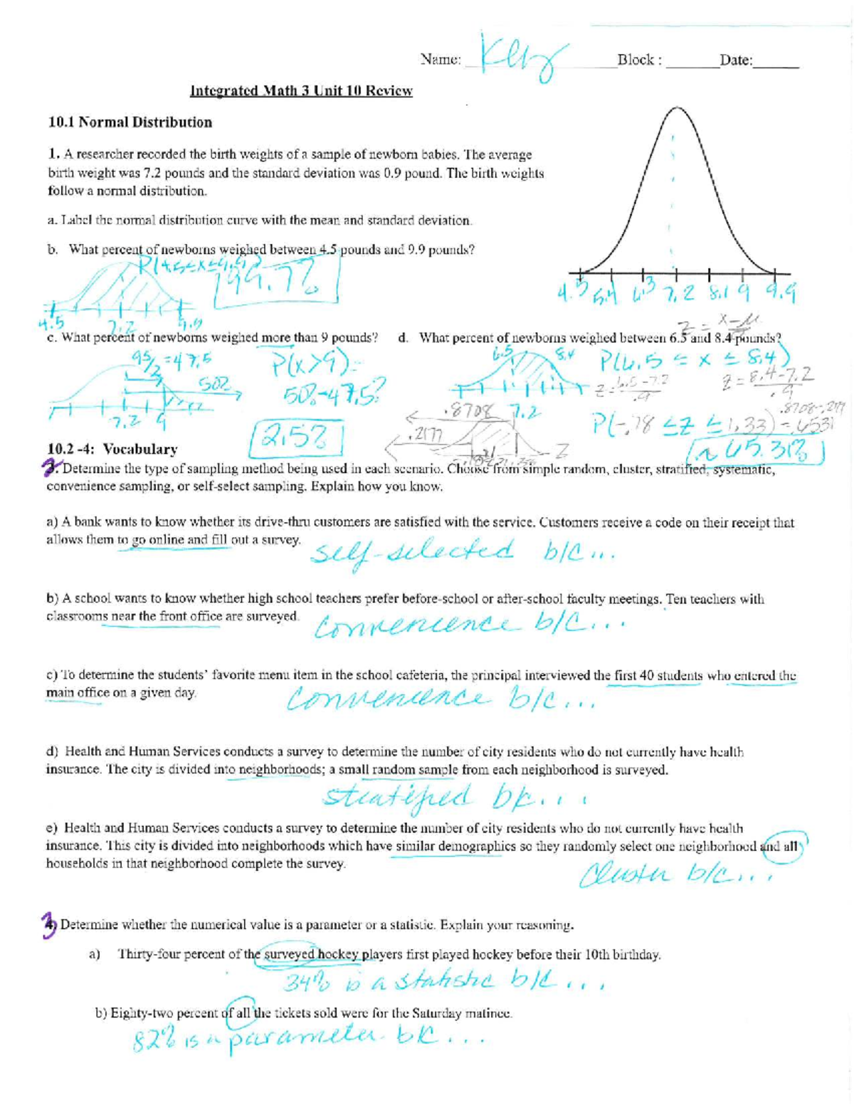 Integrated Math 3 Unit 10 Review: Normal Distribution Insights - Studocu