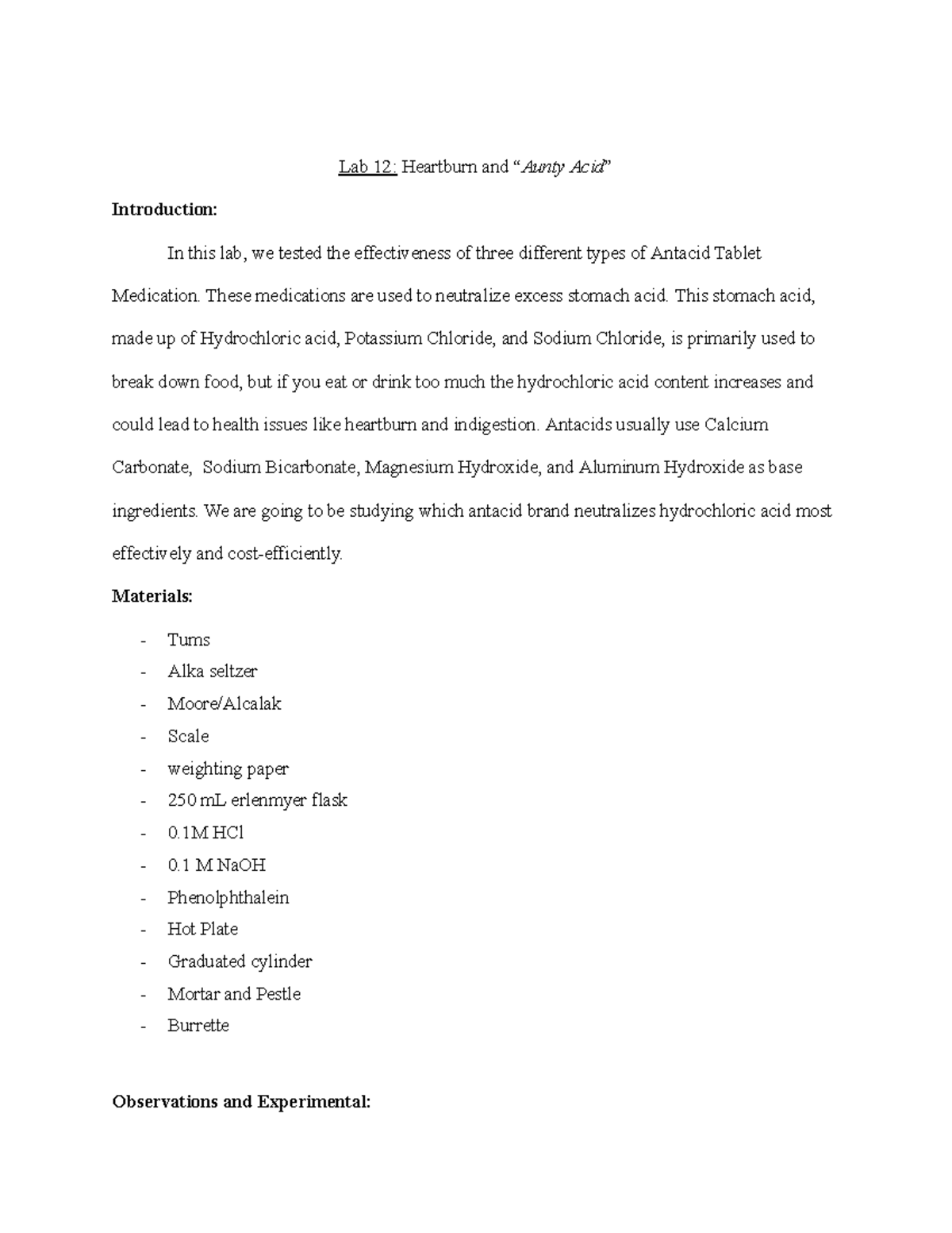 Lab 12 Chem 106 - Effectiveness of Antacids on Stomach Acid - Studocu