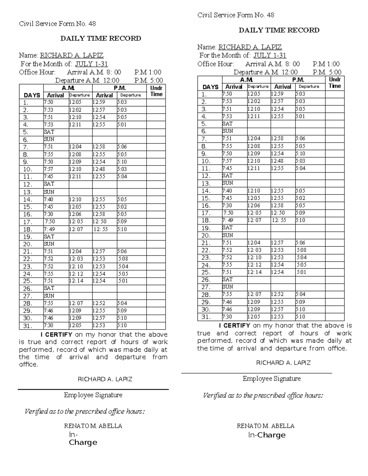 Civil Service Form No. 48: Daily Time Record for July 2025 - Studocu