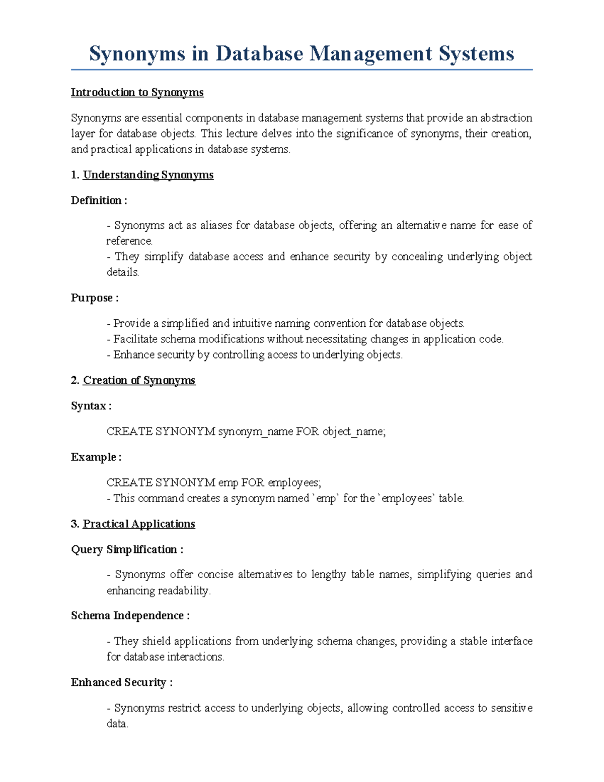 Lecture 1 - Synonyms in Database Management Systems Introduction to ...