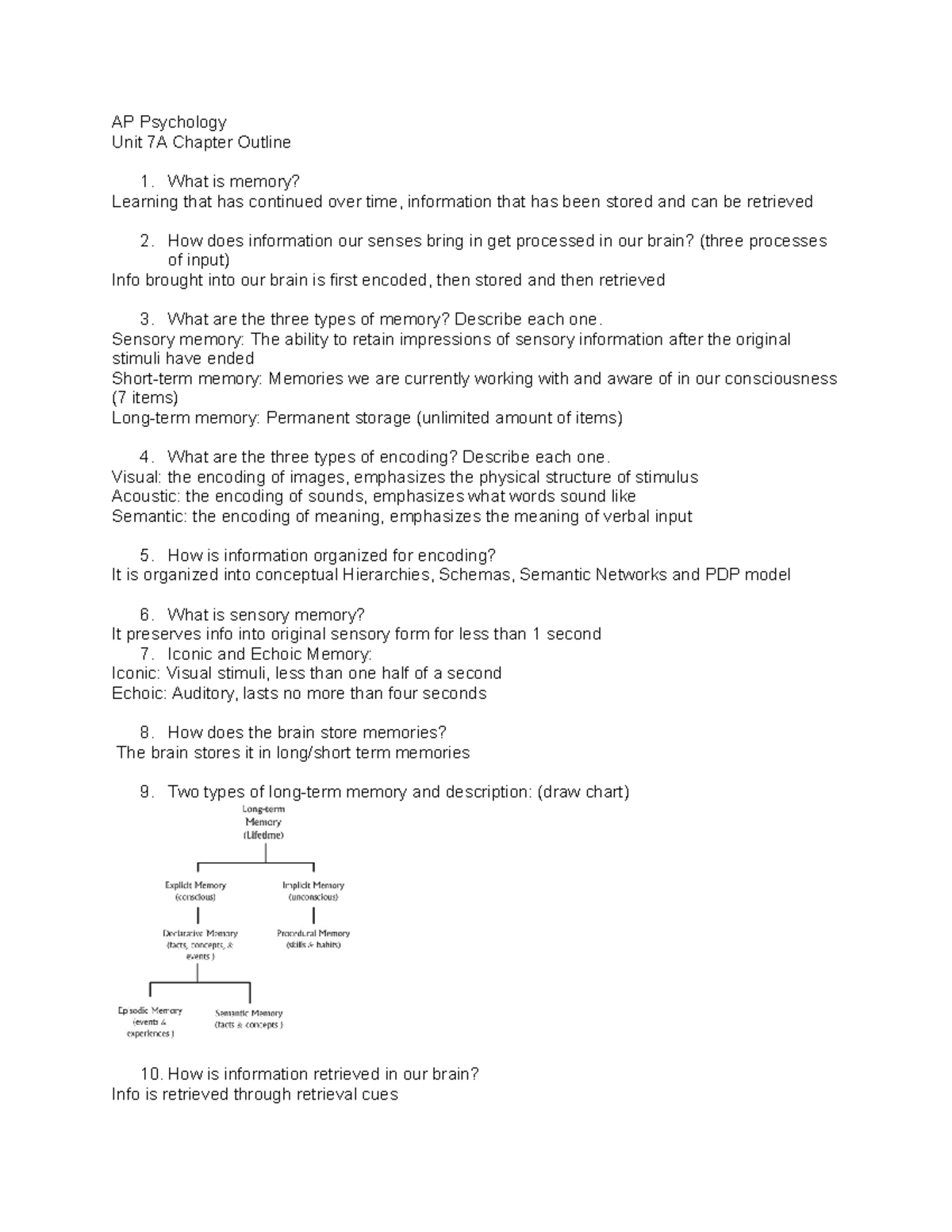 AP Psychology Unit 7A: Memory Chapter Outline Guide - Studocu
