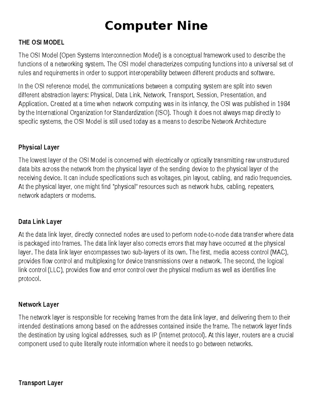Computer - The OSI Model - Computer Nine THE OSI MODEL The OSI Model ...