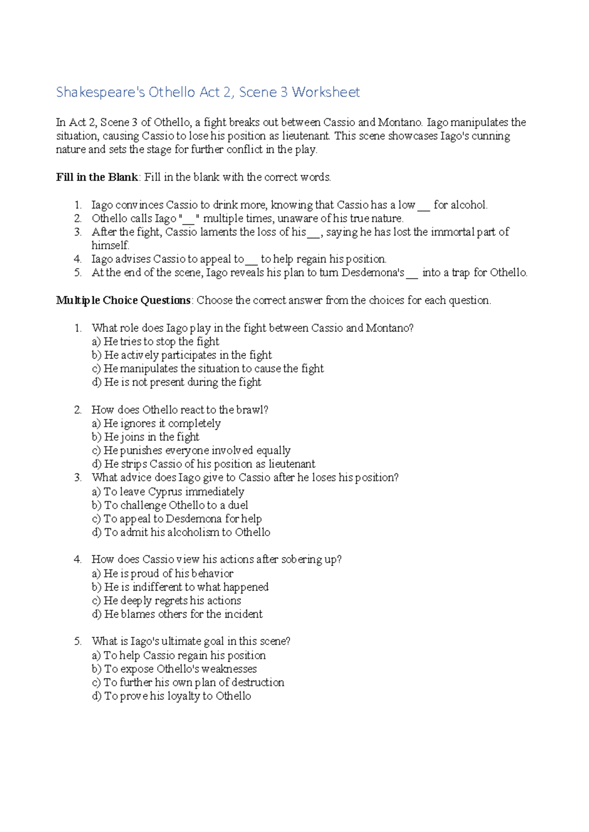 Othello (ENG 201) Act 2, Scene 3 Worksheet & Analysis - Studeersnel