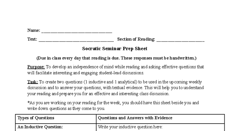 Socratic Seminar Prep Sheet: Weekly Reading Questions Guide - Studocu