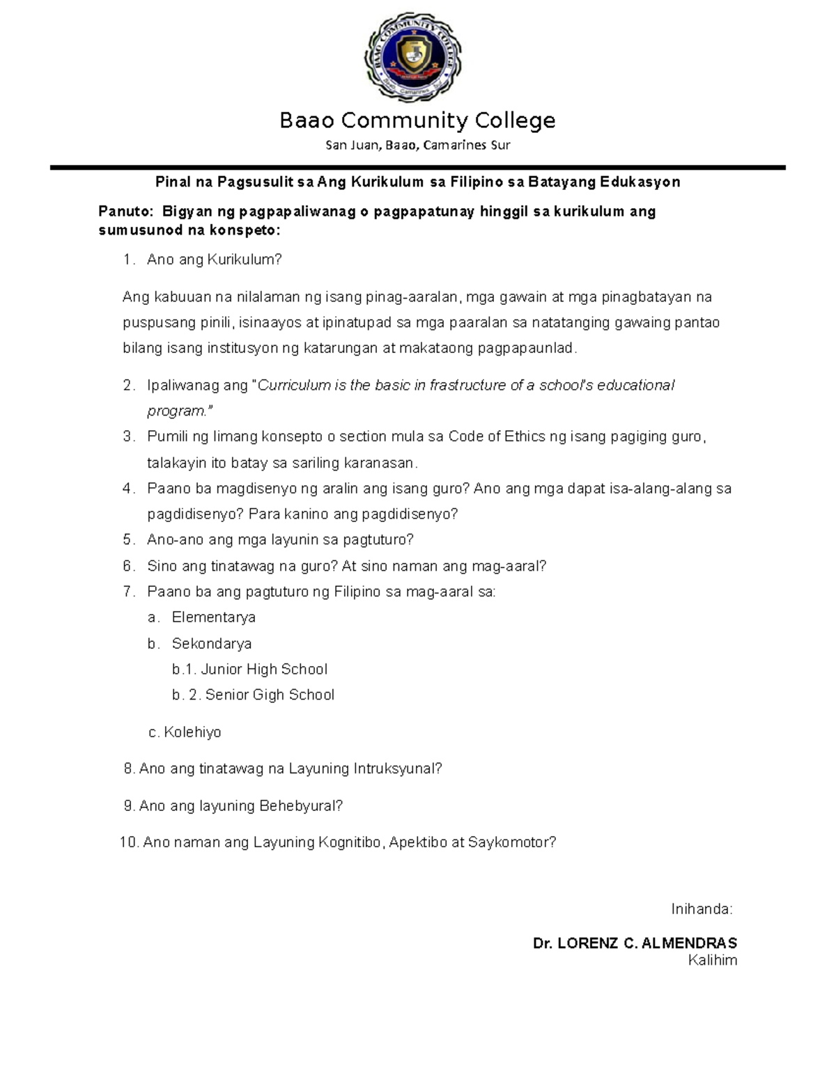 Pinal na Pagsusulit sa Kurikulum sa Filipino sa Batayang Edukasyon ...