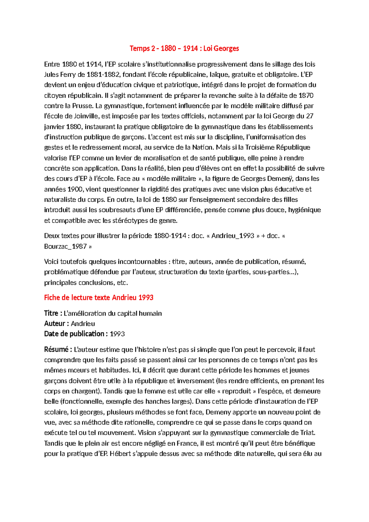1880-1914 : Loi Georges et l'Évolution de l'Éducation Physique - Studocu