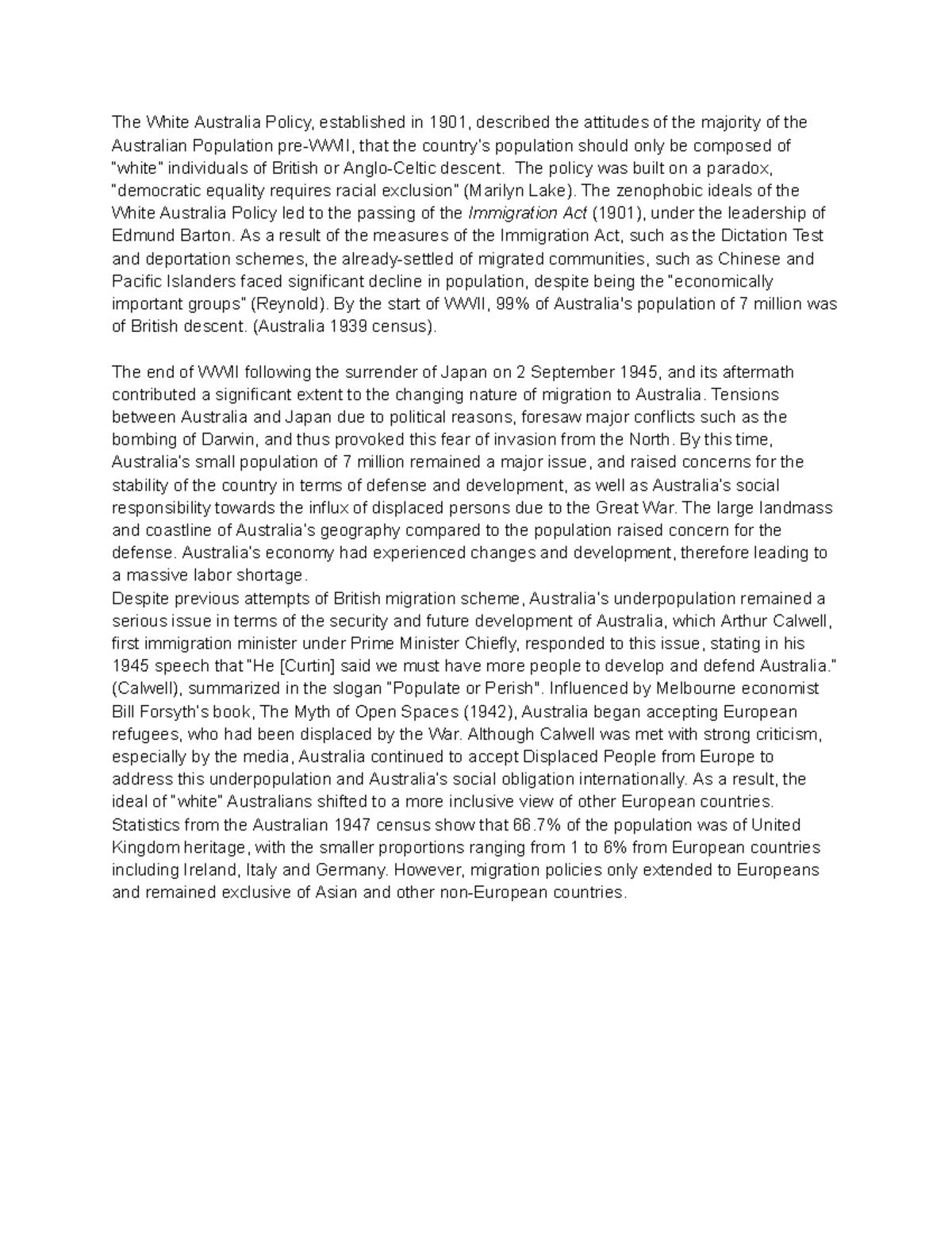 Year 10 History: The Evolution of the White Australia Policy (1901-1947 ...