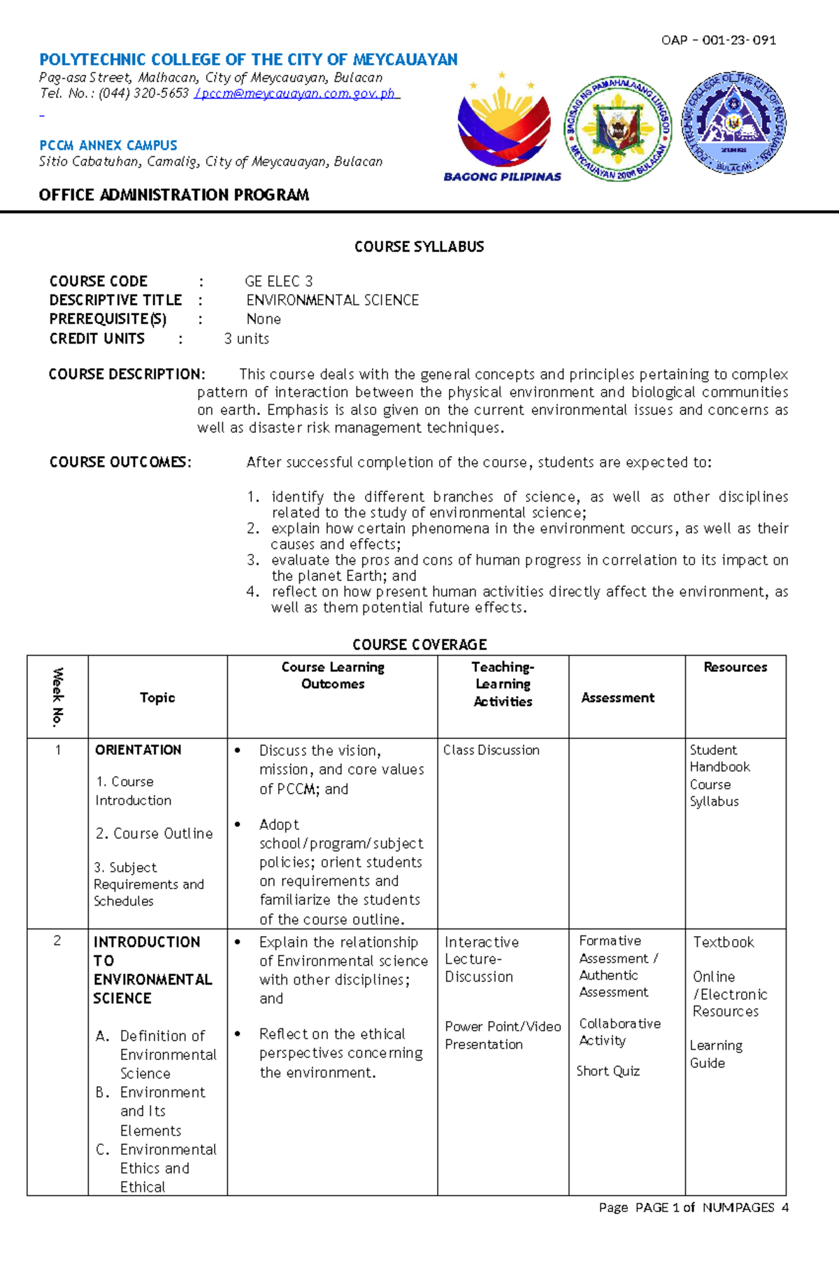 GE ELEC 3 Environmental Science - Course Syllabus Overview - Studocu