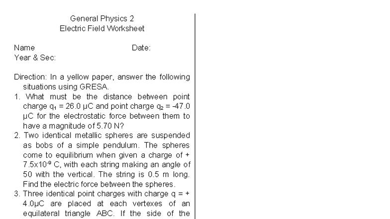 General Physics 2: Electric Field Worksheet & Coulomb's Law - Studocu