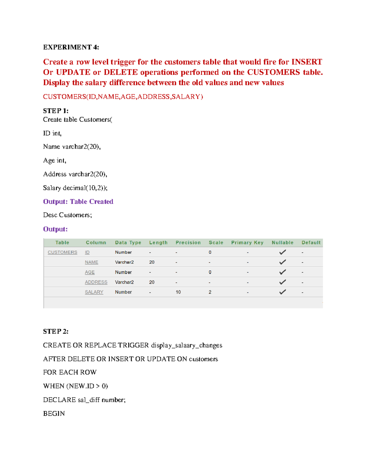 Trigger Experiment 4: Row Level Trigger for Customers Table - Studocu