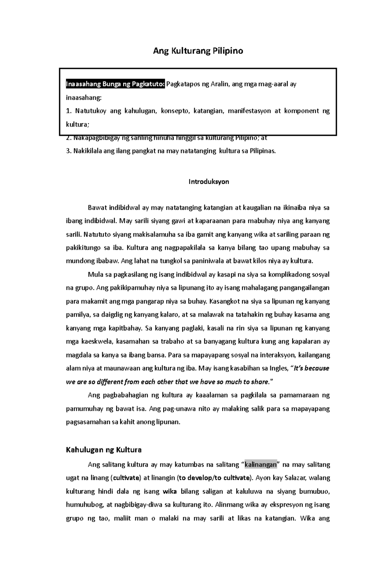 Ang Kulturang Pilipino - Ang Kulturang Pilipino Inaasahang Bunga ng ...
