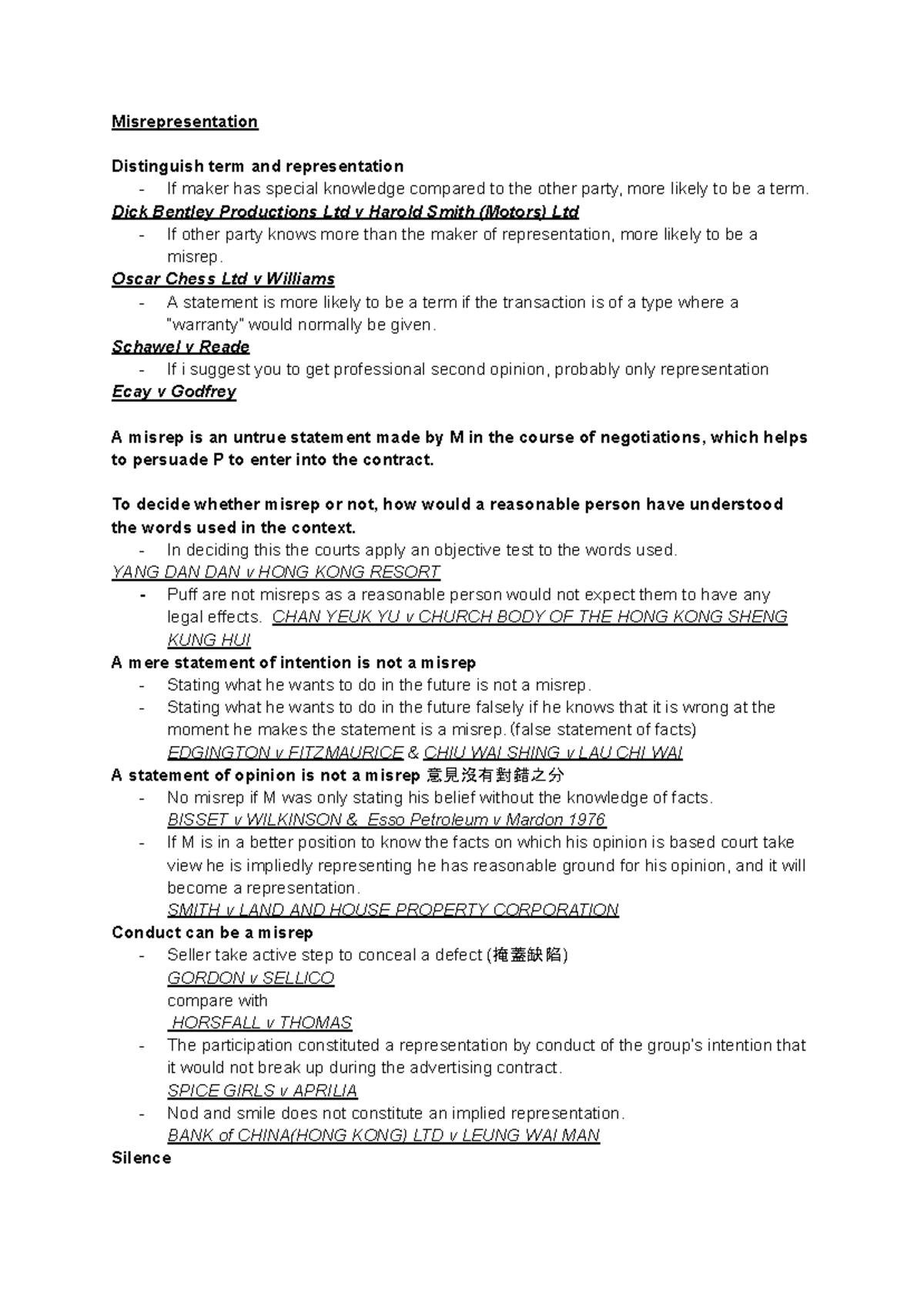 Misrepresentation Case Notes: Key Principles and Landmark Cases - Studocu