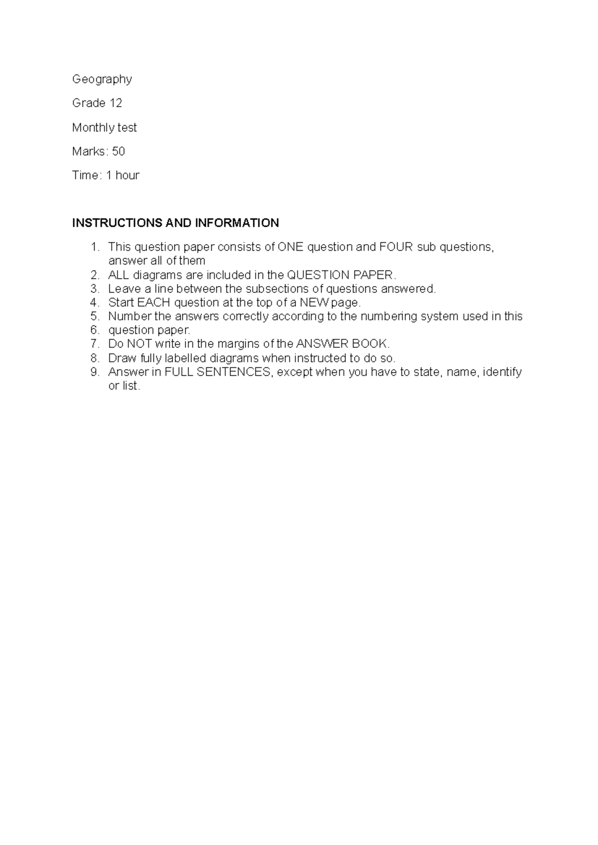 Geography Grade 12 Monthly Test: Geomorphology Insights - Studocu