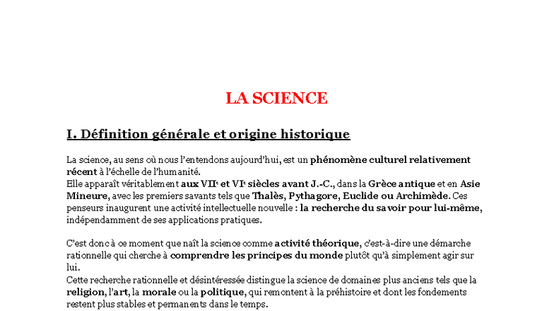 LA SCIENCE I - Définition et Origine Historique de la Science - Studocu