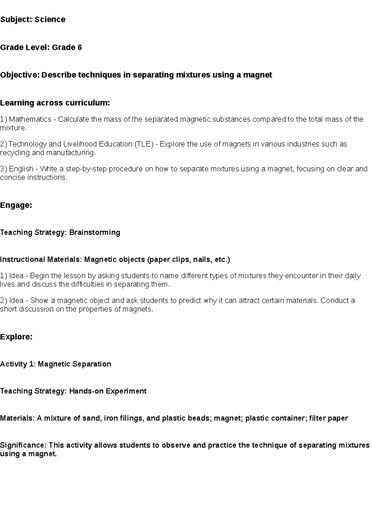 Grade 6 Science Lesson Plan: Techniques for Separating Mixtures - Studocu