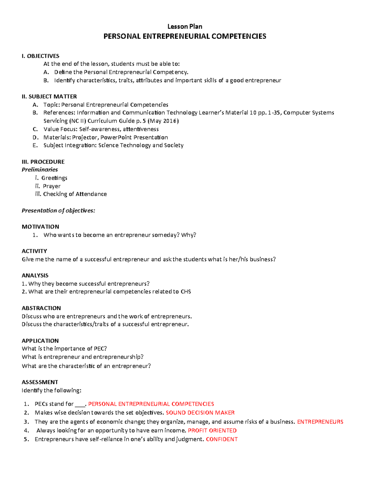 PECS DLP Entrep 9 - Lesson Plan on Personal Entrepreneurial ...