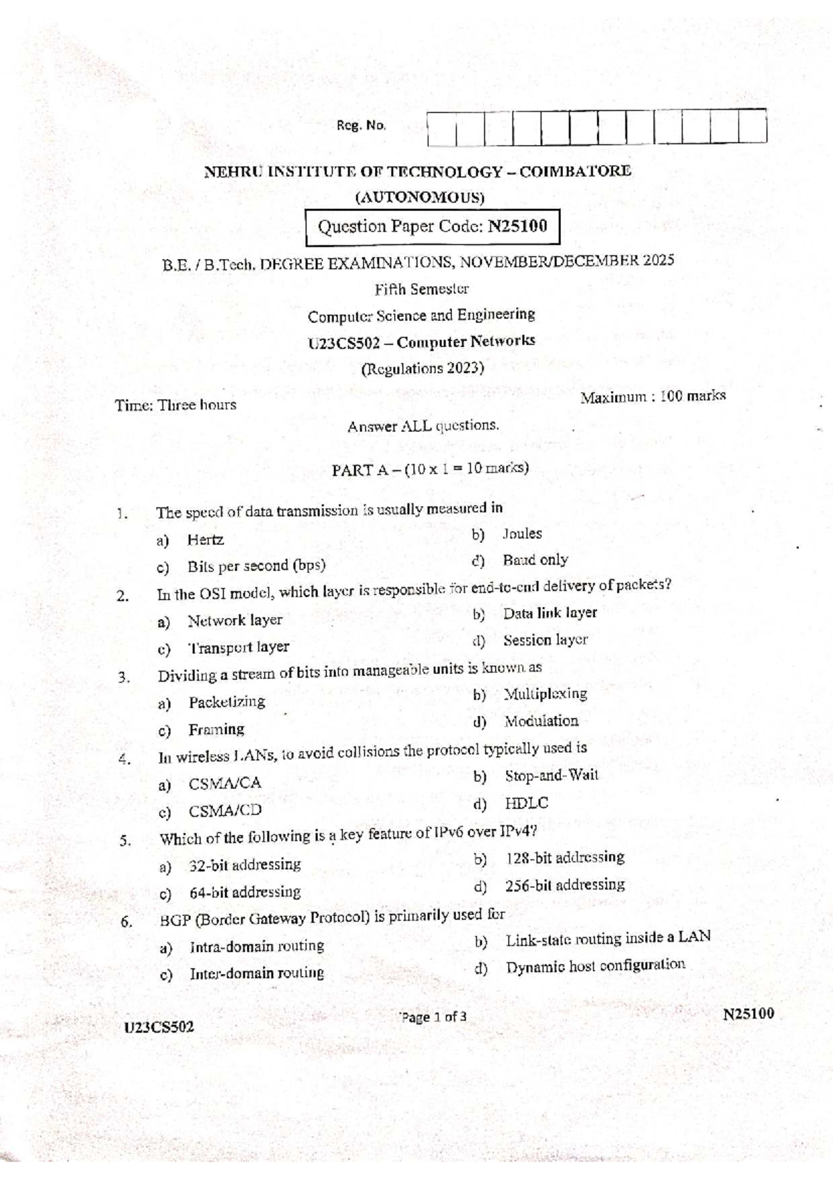 U23CS502 - Computer Networks - Fifth Semester Question Paper (2025 ...