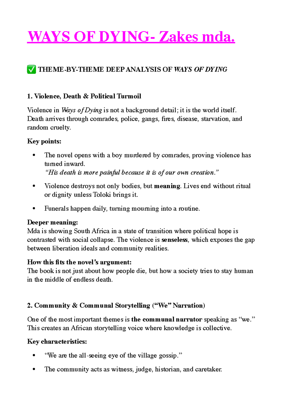 Critical Analysis of Zakes Mda's "Ways of Dying" (ENG 201) - Studocu