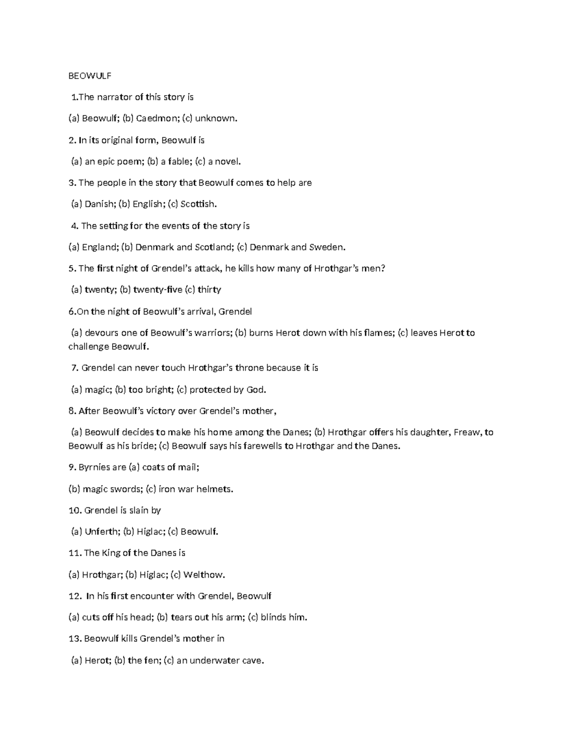 Beowulf Quiz (Activity Sheet) - Key Questions and Answers - Studocu