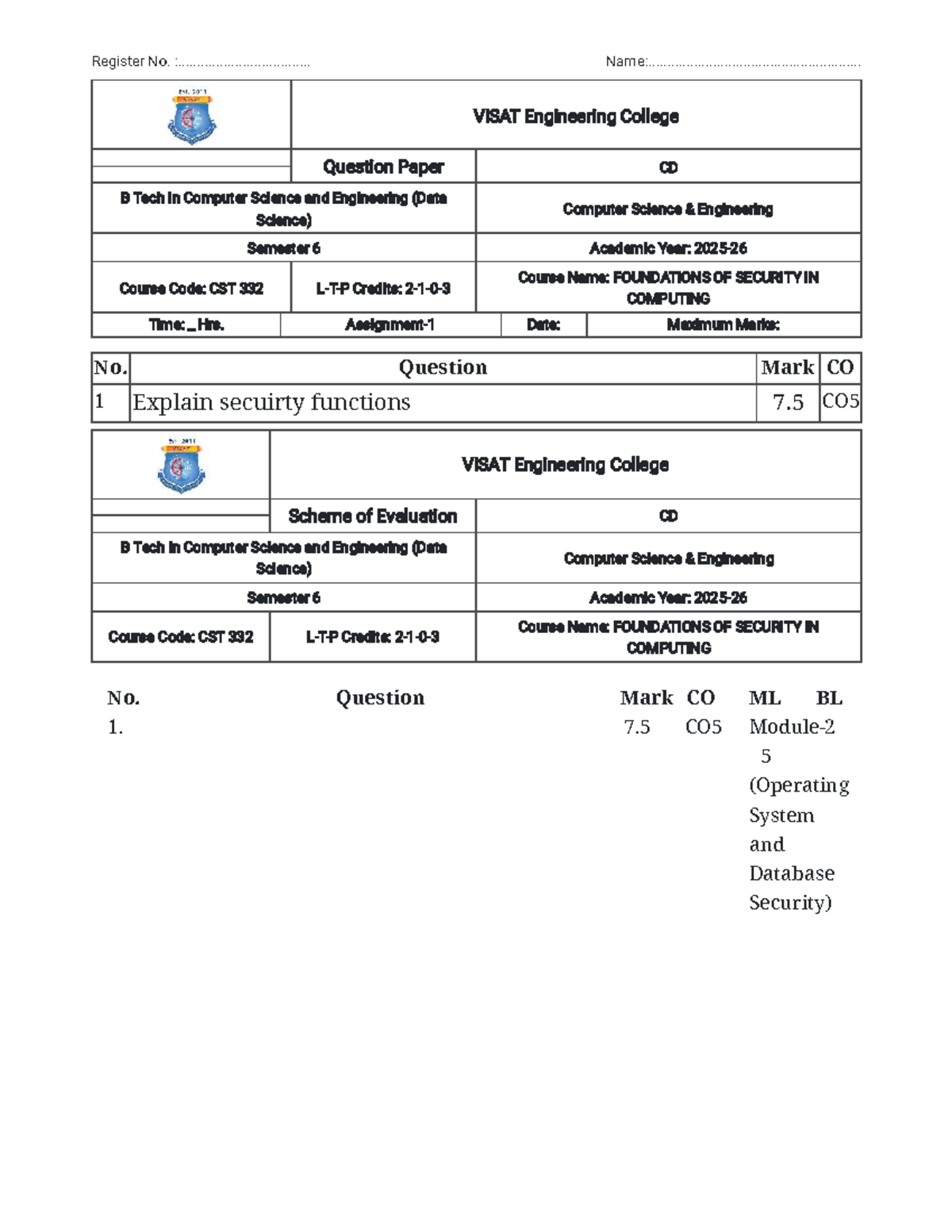 CST 332 Foundations of Security in Computing - Semester 6 Exam Paper ...