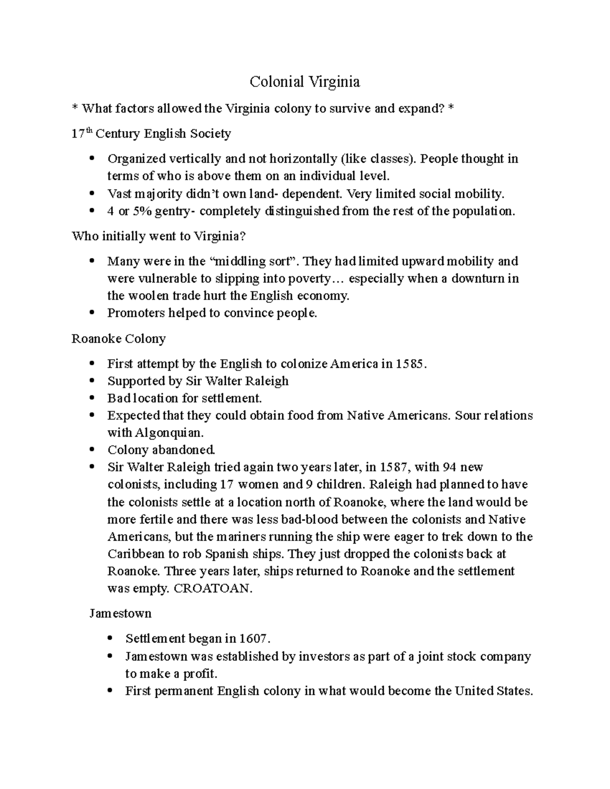 History 1301 Chapter 3 - Colonial Virginia and Jamestown Insights - Studocu