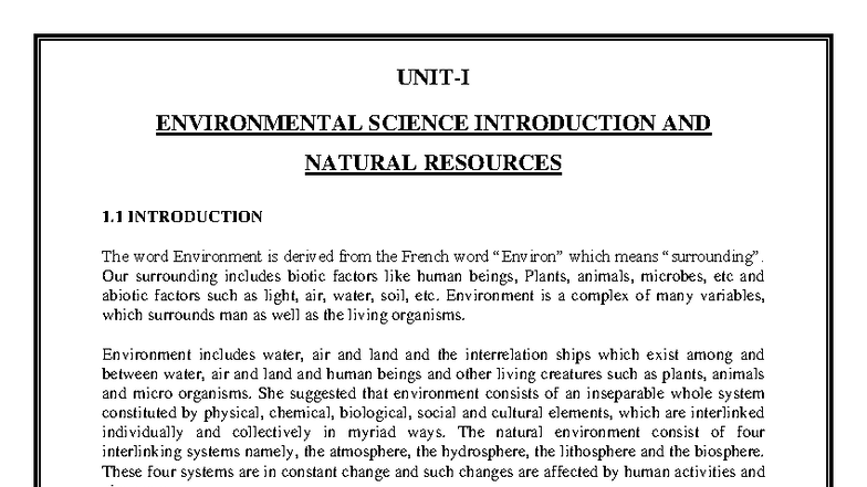 ENVIRONMENTAL SCIENCE 1.1 INTRODUCTION TO NATURAL RESOURCES - Studocu