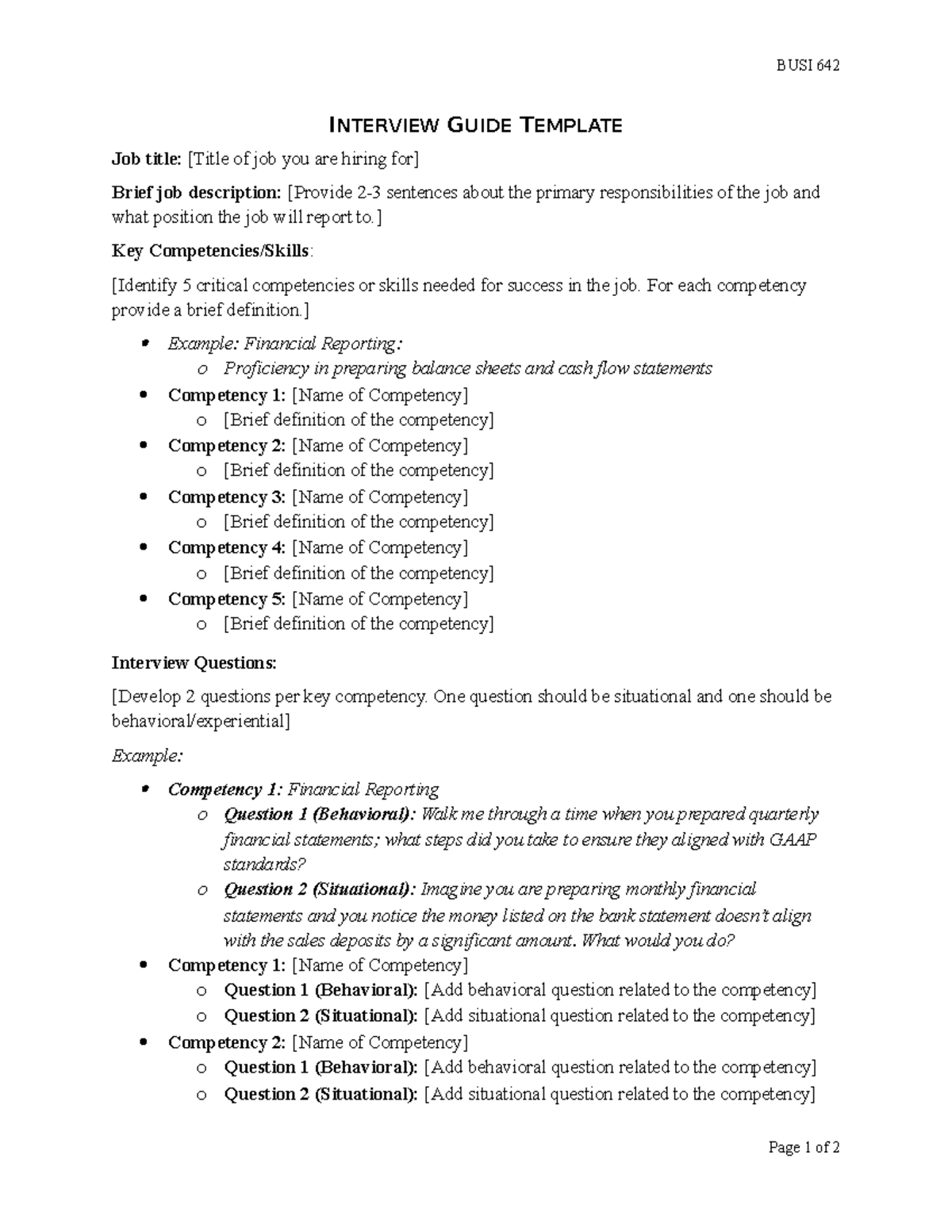 BUSI 642 Interview Guide Template for Job Competencies and Questions ...