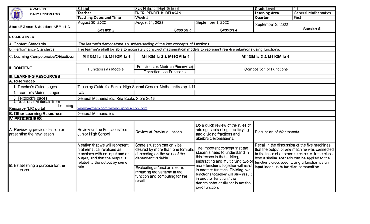 DLL GEN MATH WEEK 1 - FUNCTIONS AS MODELS - Studocu