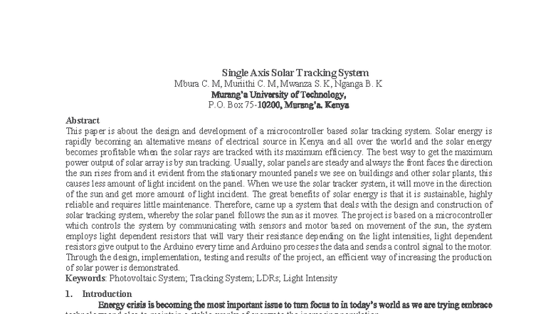 Single Axis Solar Tracking System - Design & Implementation - Studocu