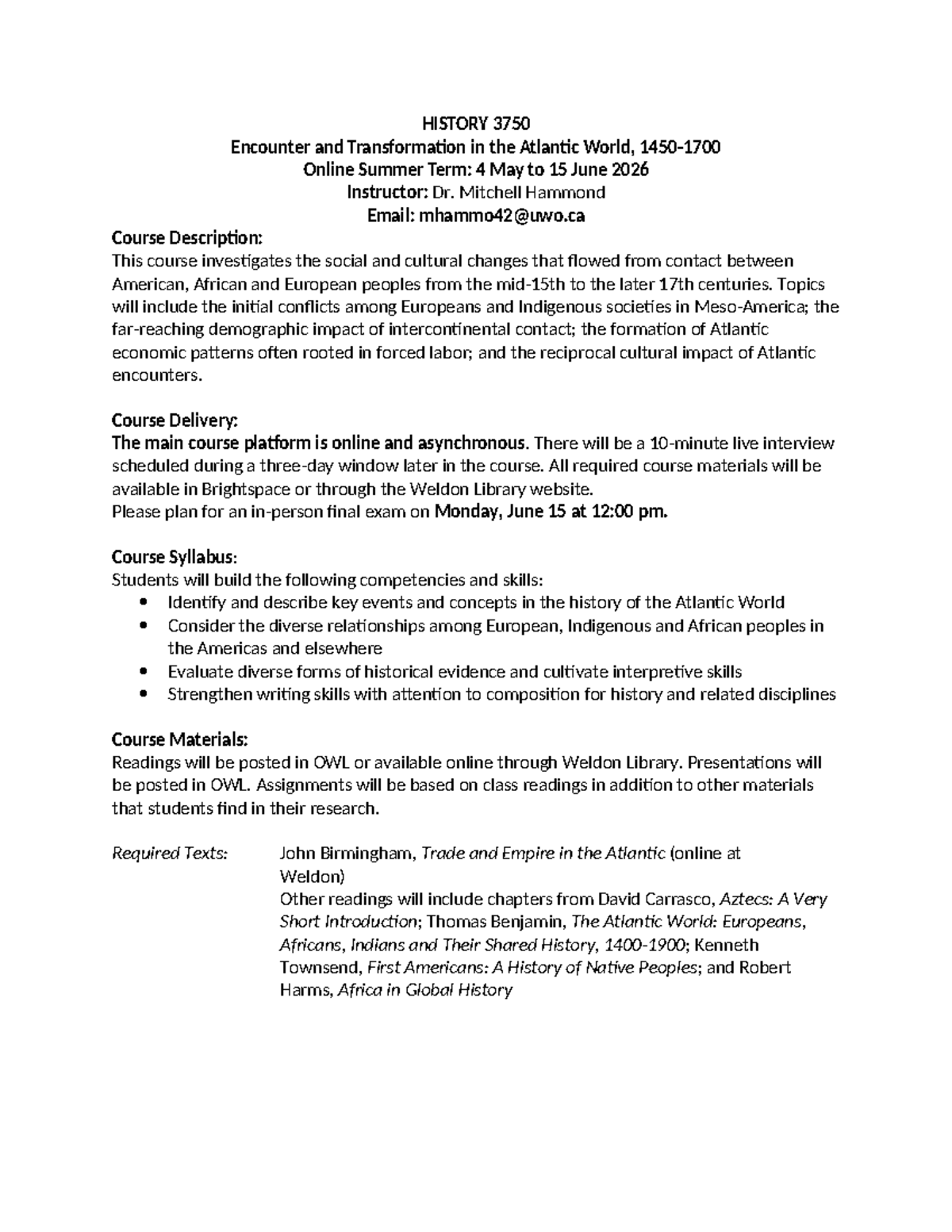 HISTORY 3750 Final Exam Outline: Atlantic World Summer 2026 - Studocu