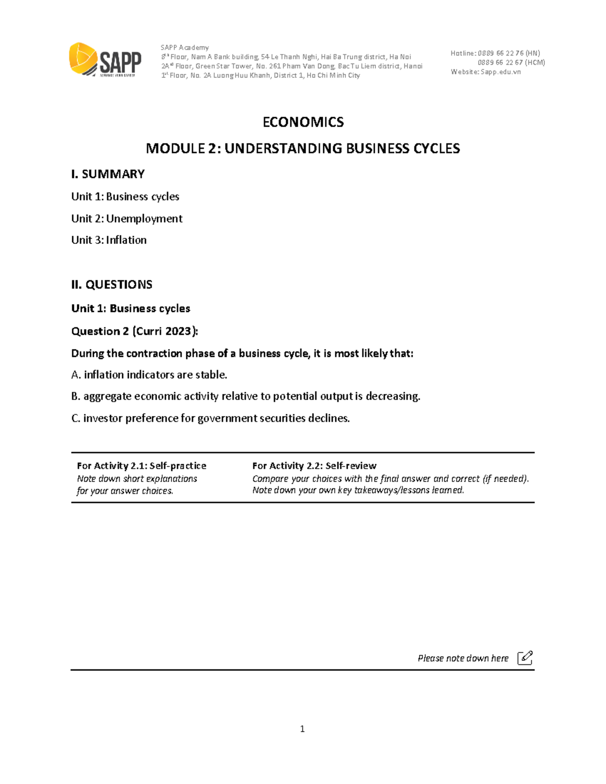 CFA1 ECON 2024 M2: Business Cycles & Inflation Coaching Questions - Studocu