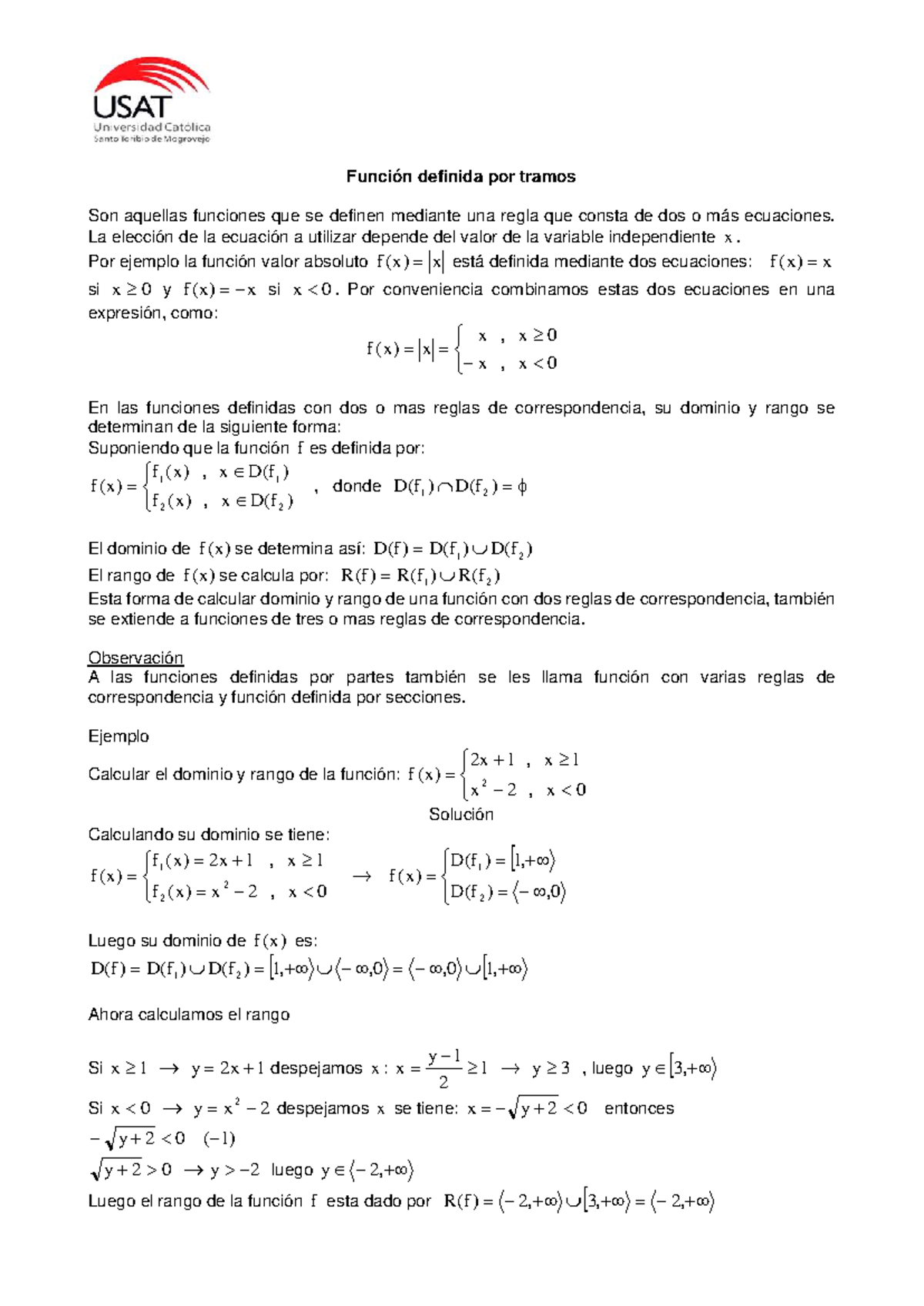 S13 Funciones Definidas por Tramos: Dominio y Rango 2025 - I - Studocu