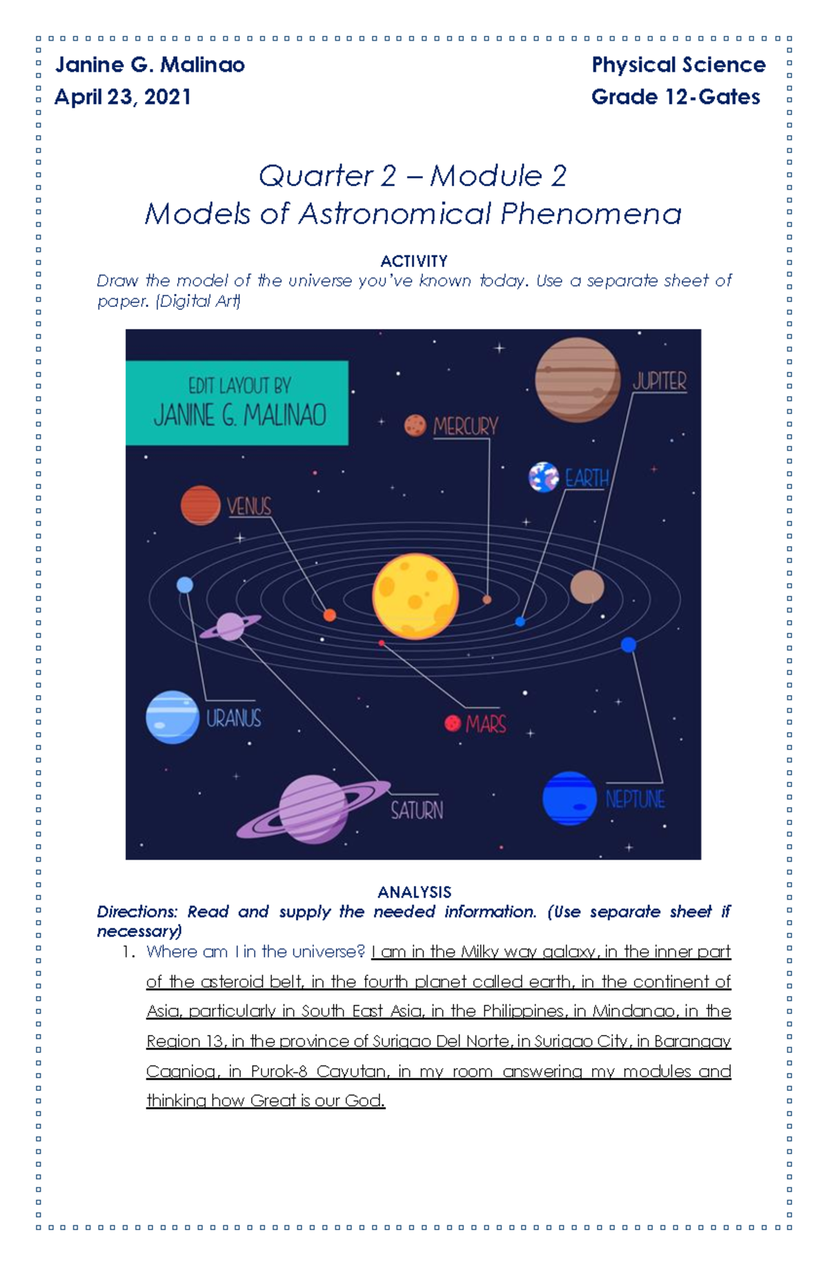 Physical Science Q2 M2: Astronomical Models and Theories Analysis - Studocu