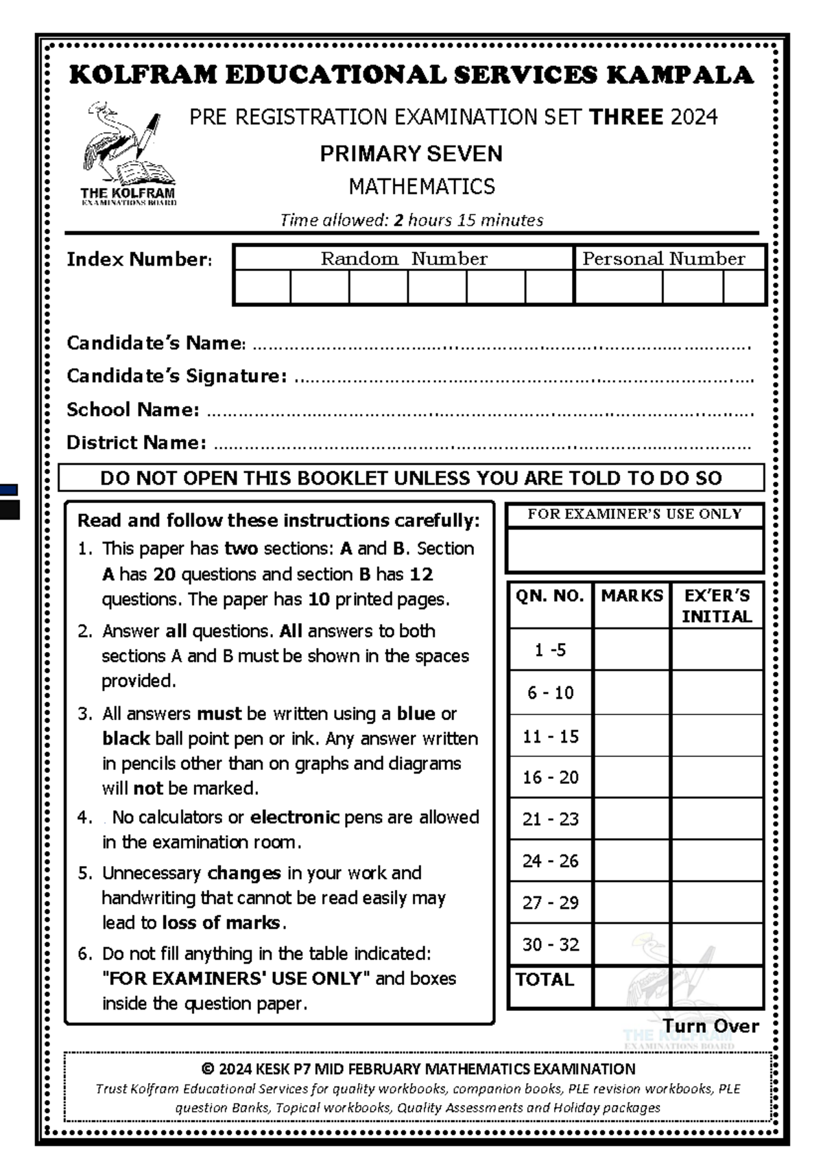 P7 Maths PRE Registration Exam Set Three 2024 - Kolfram Services - Studocu