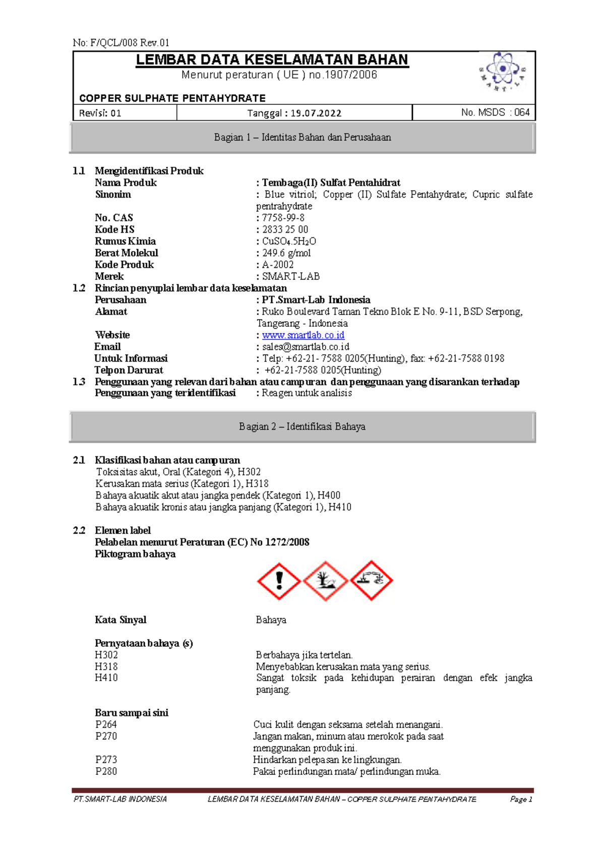 Msds - kimdas - LEMBAR DATA KESELAMATAN BAHAN Menurut peraturan ( UE ...