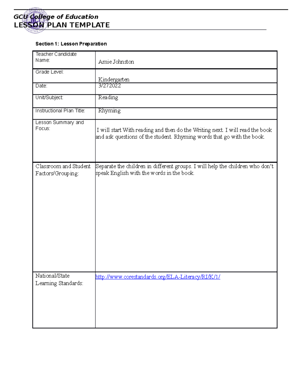 Kindergarten Reading Lesson Plan: Rhyming Activities (Topic 4) - Studocu