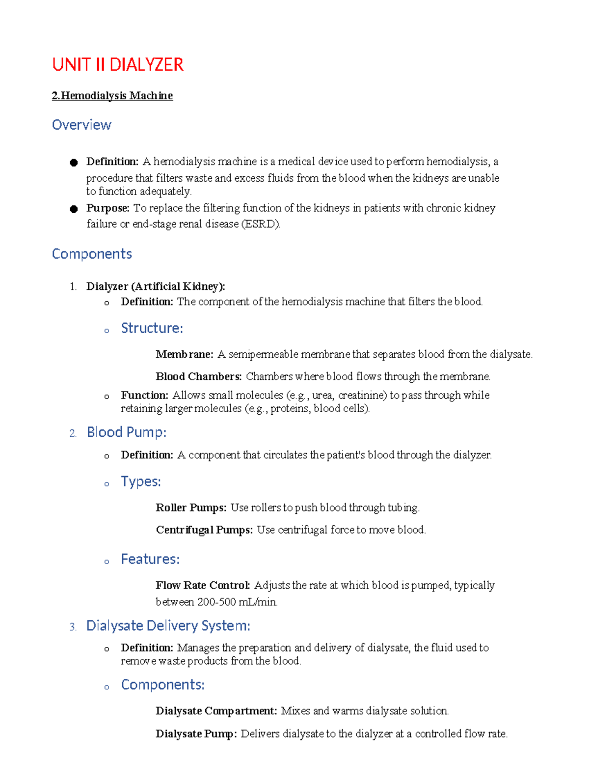 UNIT II Dialyzer - Hemodialysis Machine Overview and Components - Studocu
