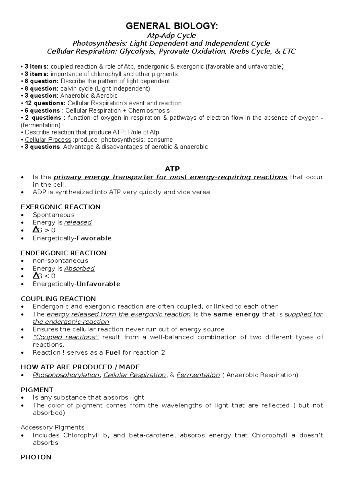 Reviewer-in-GEN-BIO-Exam-II - GENERAL BIOLOGY: Atp-Adp Cycle ...
