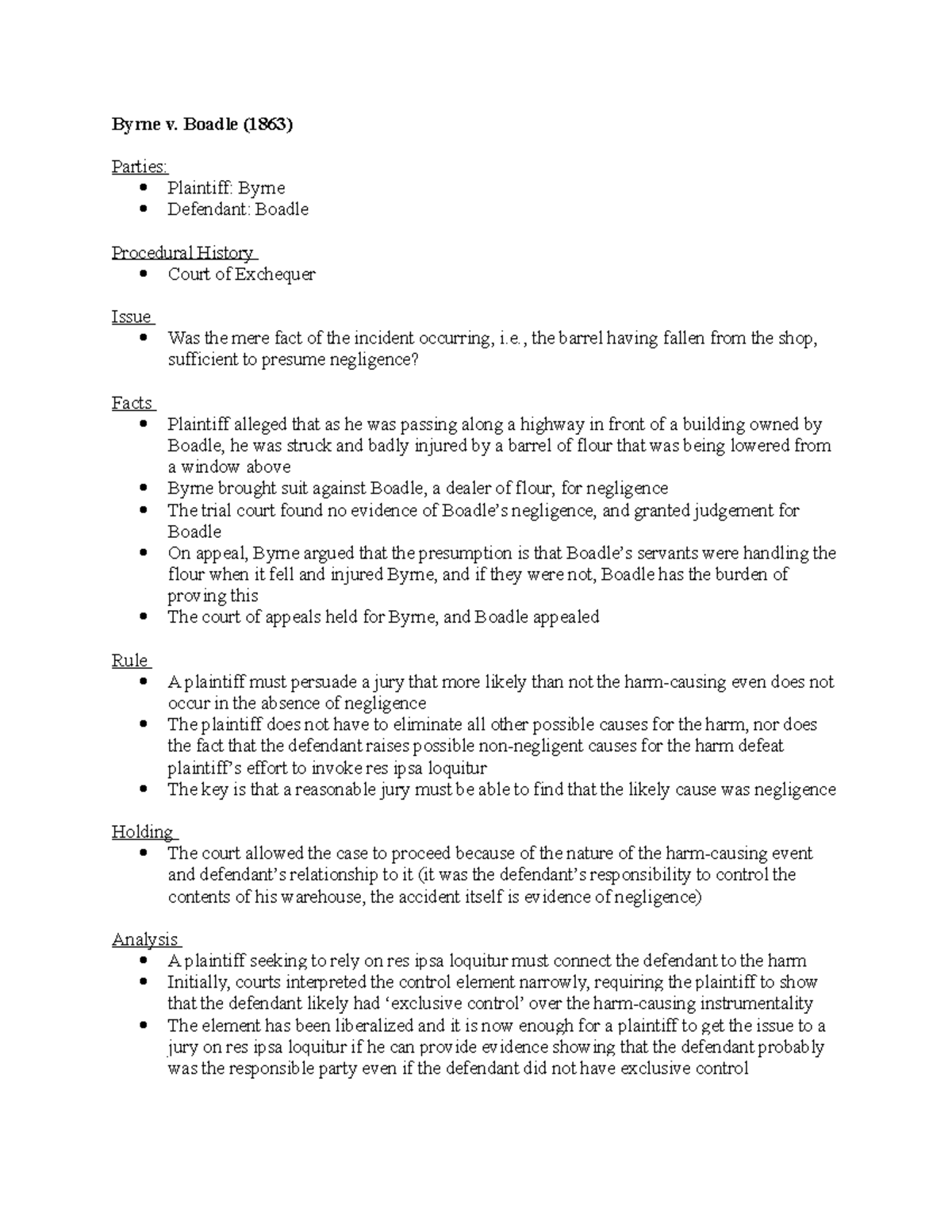 Byrne v. Boadle Case Study: Negligence and Res Ipsa Loquitur Analysis ...