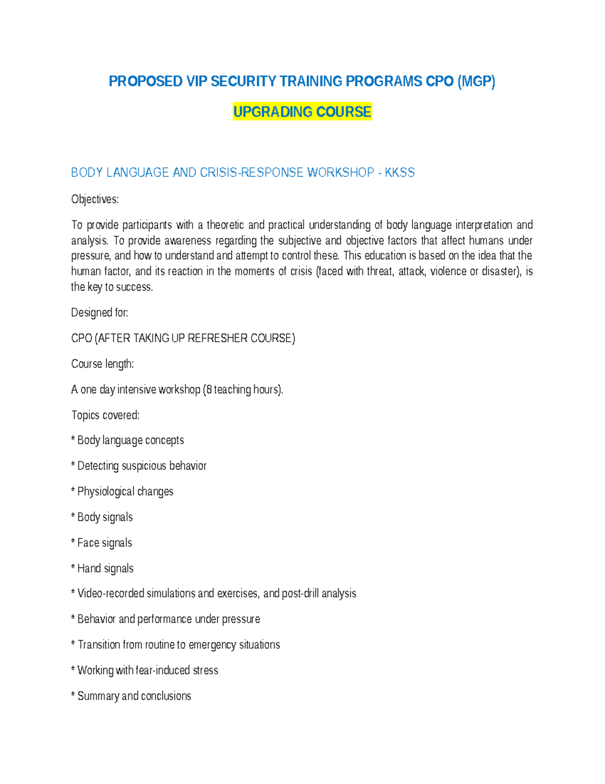 CPO Upgrading Course - PROPOSED VIP SECURITY TRAINING PROGRAMS CPO (MGP ...