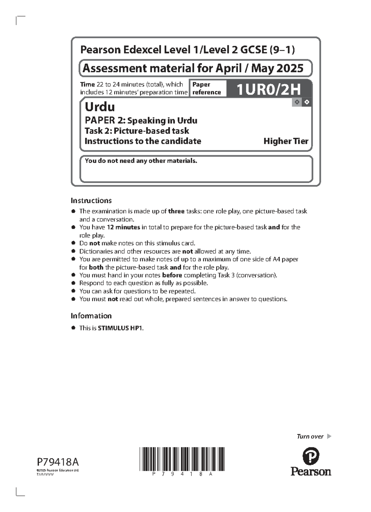 Pearson Edexcel Level 2 GCSE Urdu Paper 2: Speaking Exam Guide - Studocu