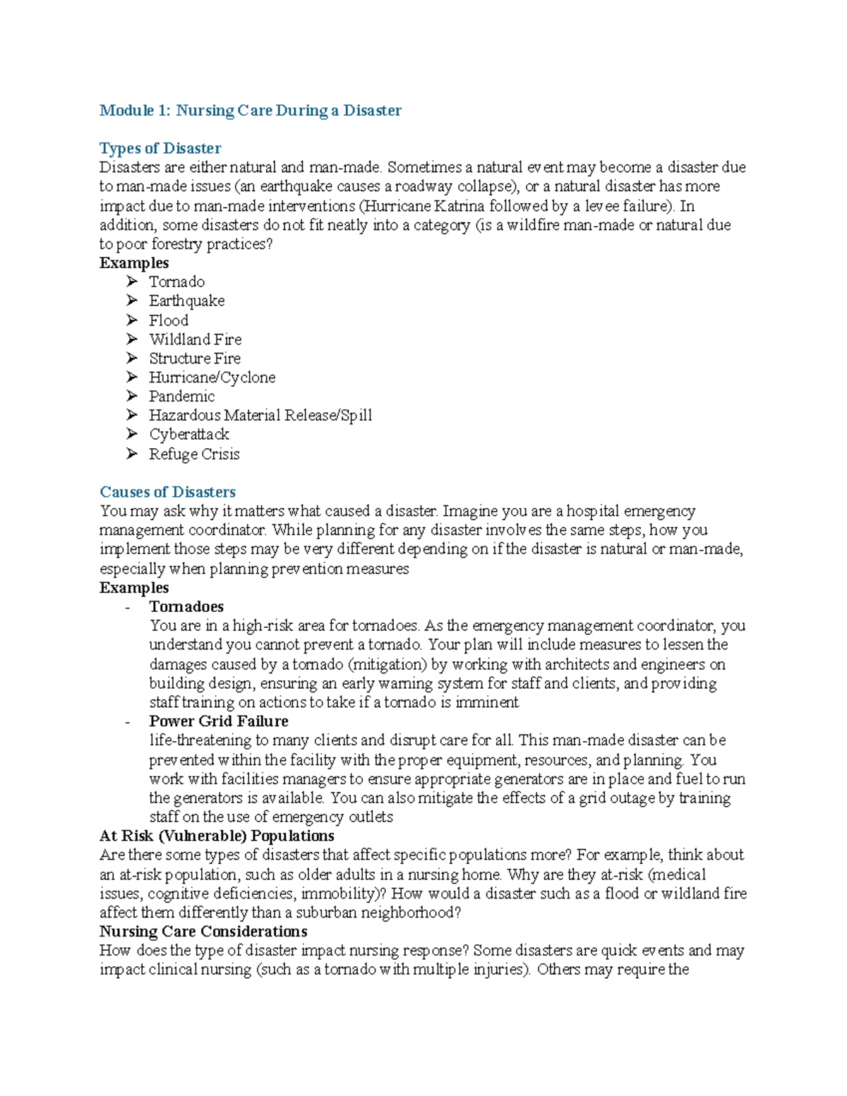NR442 Wk 6 Edapt Notes - Module 1: Nursing Care During a Disaster Types ...
