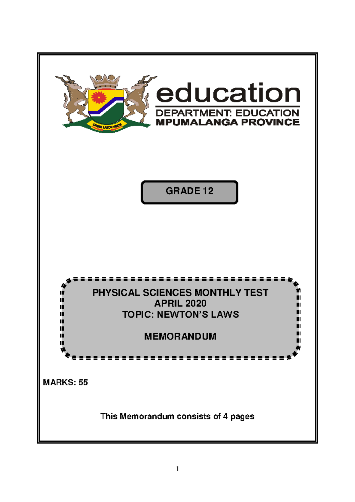 Grade 12 Physical Sciences April 2020 Test Memo: Newton's Laws - Studocu