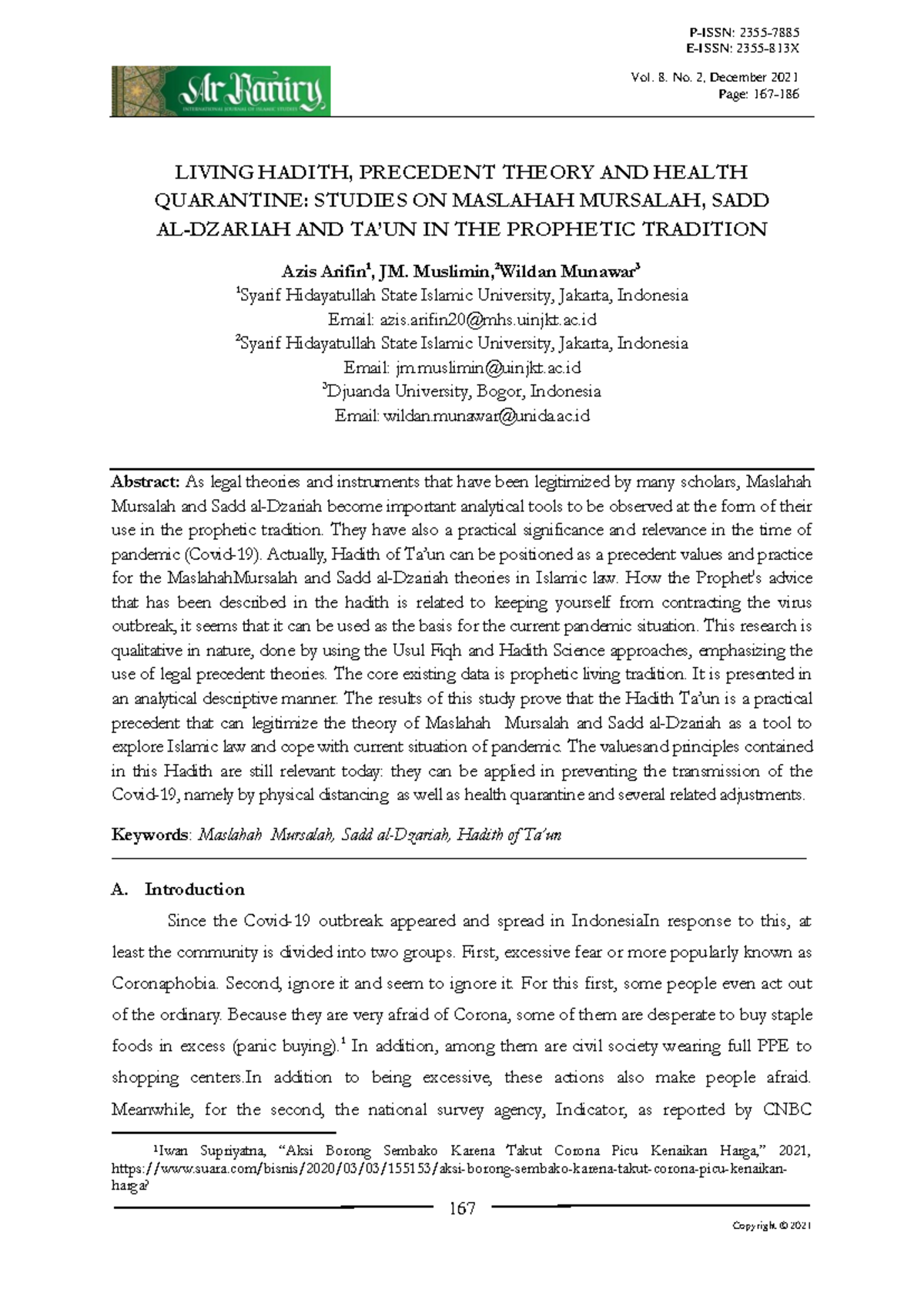 Living Hadith and Precedent Theory in Health Quarantine: Maslahah ...