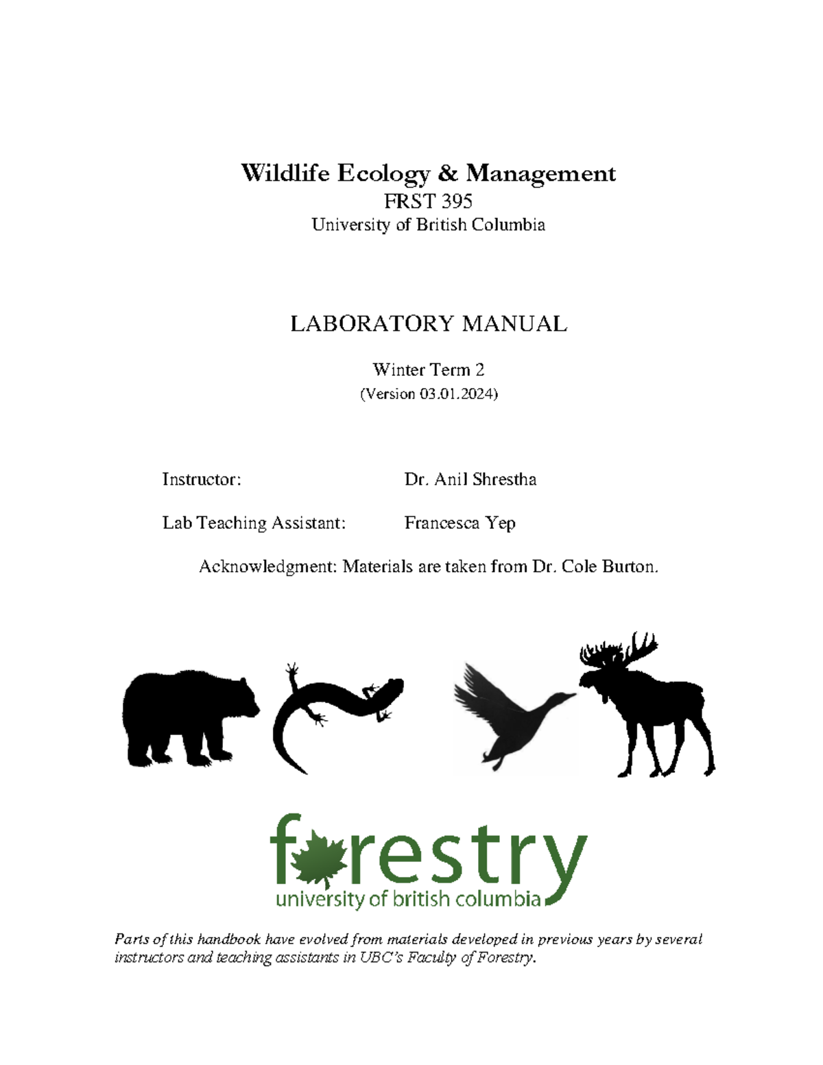 FRST 395 Wildlife Ecology Lab Manual (January 2024) - Studocu
