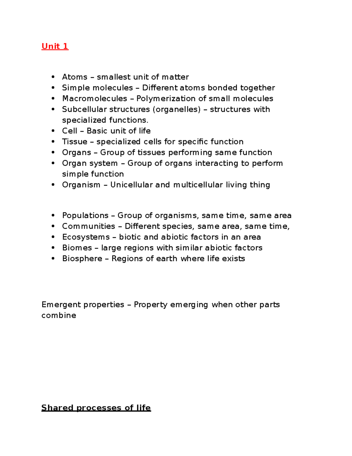 Bio 101 Unit Summaries: Atoms to Organisms Overview - Studocu