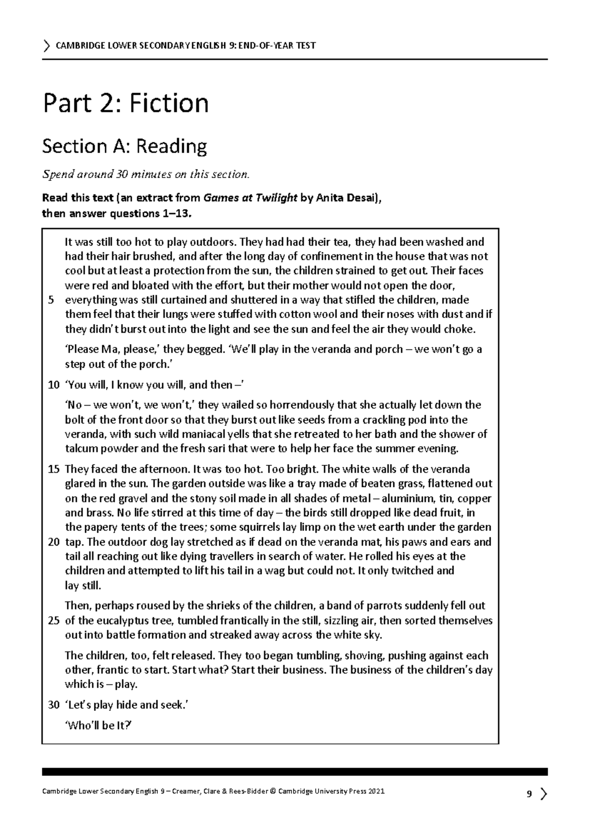End of unit test - Part 2: Fiction Section A: Reading Spend around 30 ...