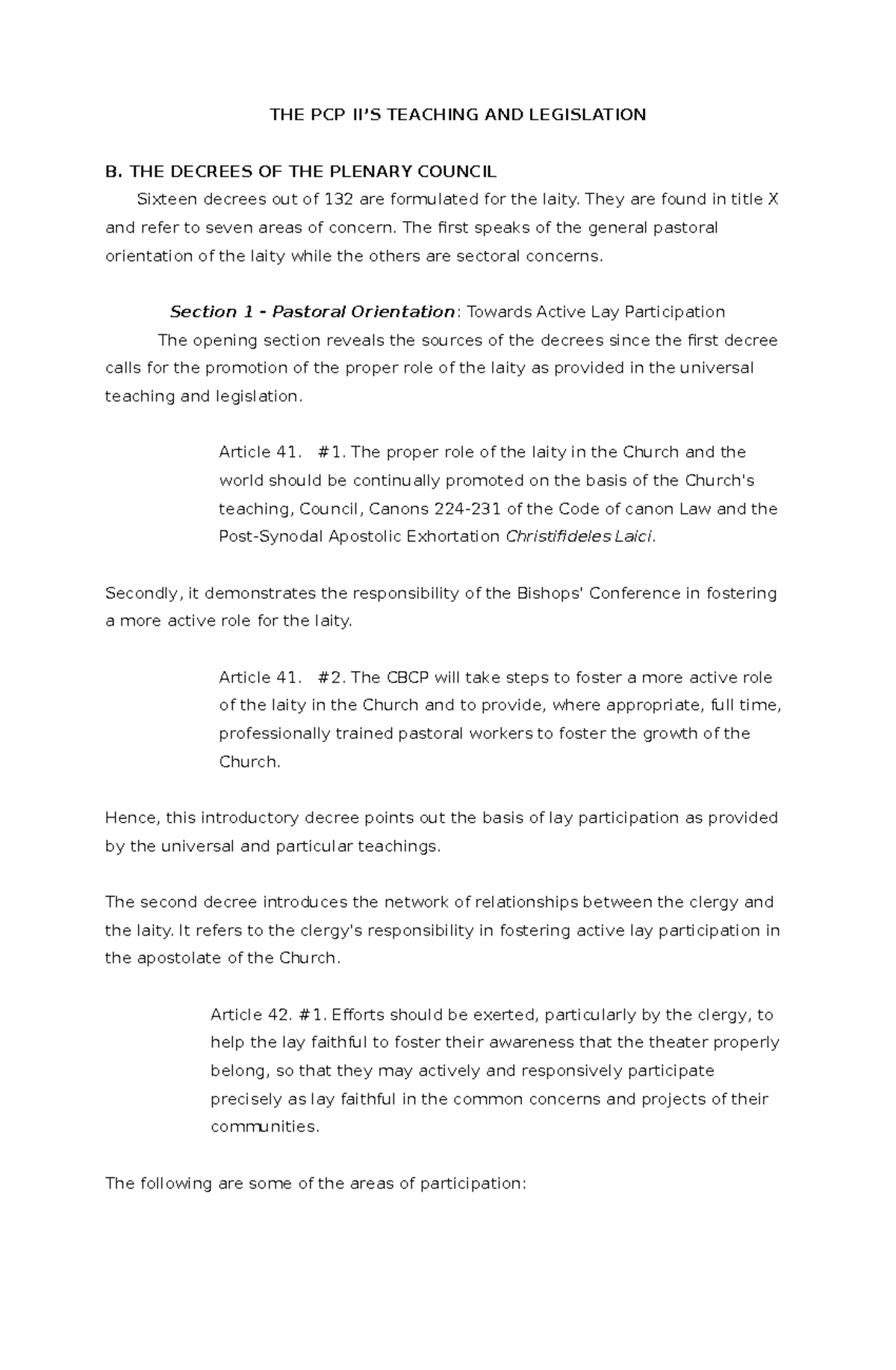 The Decrees of the 2nd Plenary Council (PCP II) on Lay Participation ...