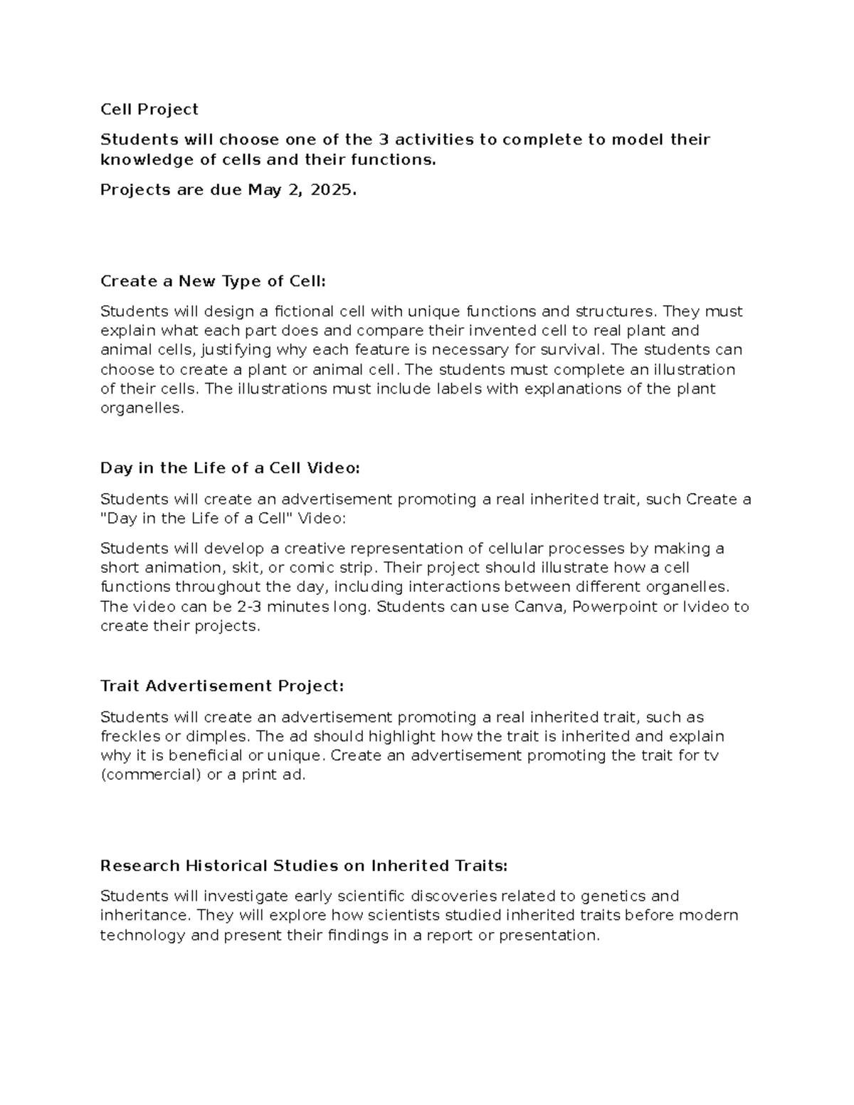 BIO101: Creative Cell Project Guidelines and Activities - Studocu